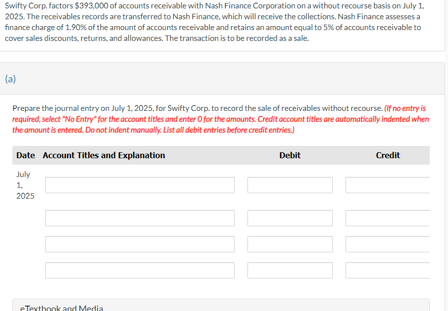 Solved Swifty Corp. factors $393,000 ﻿of accounts receivable | Chegg.com