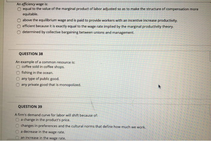 Solved An efficiency wage is: equal to the value of the | Chegg.com