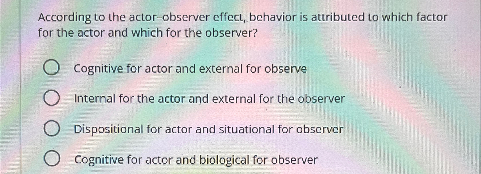 Solved According to the actor-observer effect, behavior is | Chegg.com