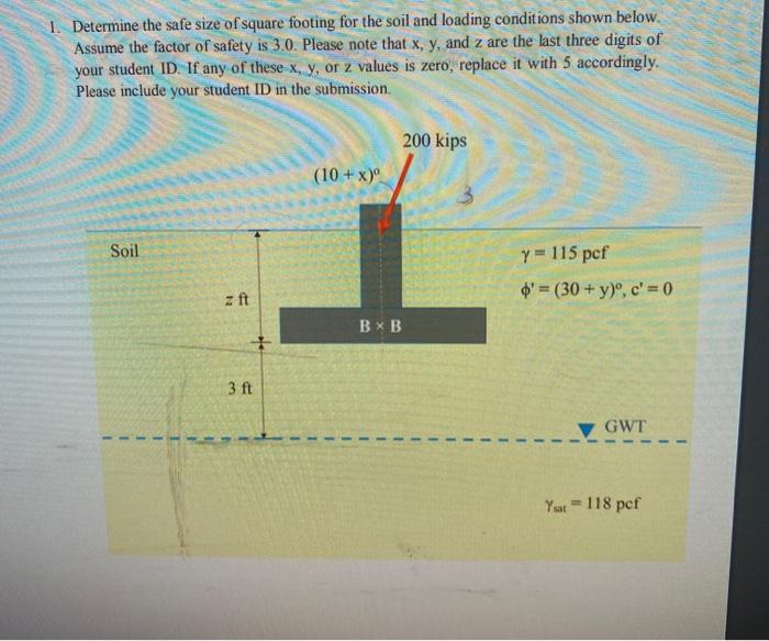 Solved 1. Determine the safe size of square footing for the | Chegg.com