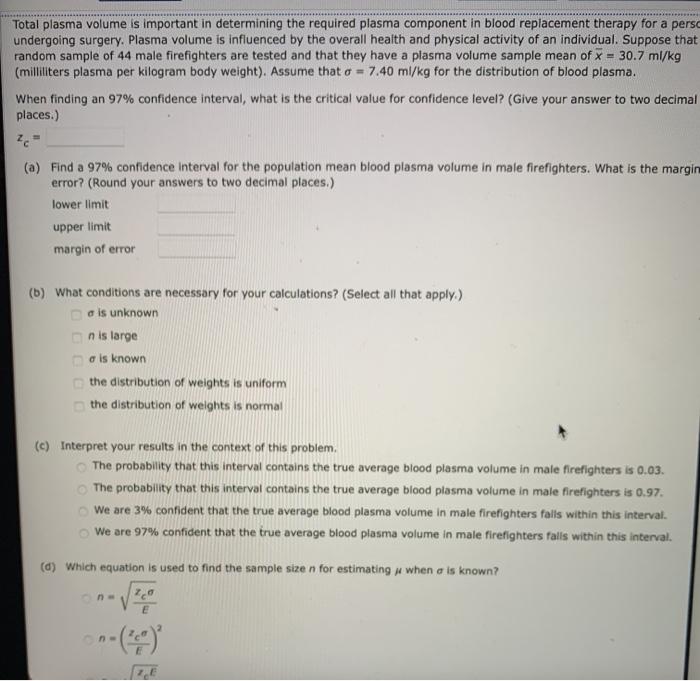 Solved Total plasma volume is important in determining the | Chegg.com