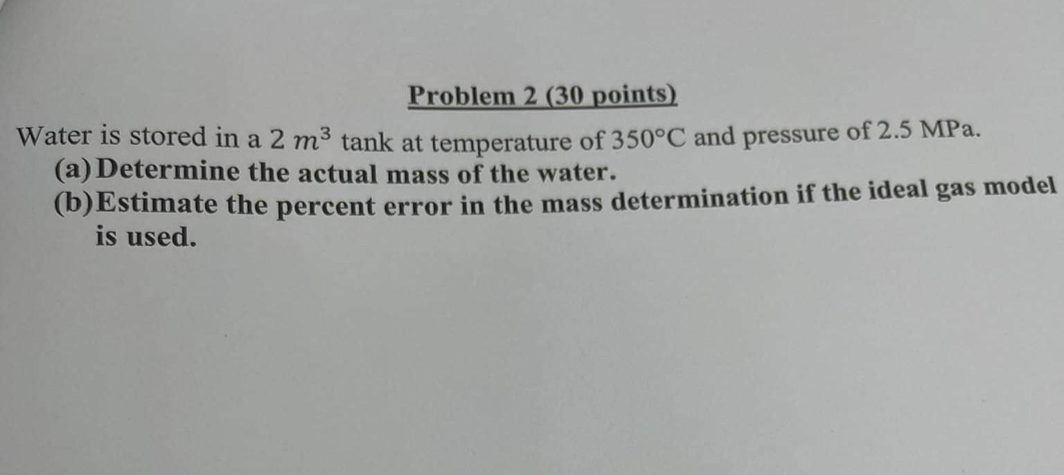 Solved Problem 2 (30 points) Water is stored in a 2m3 tank | Chegg.com