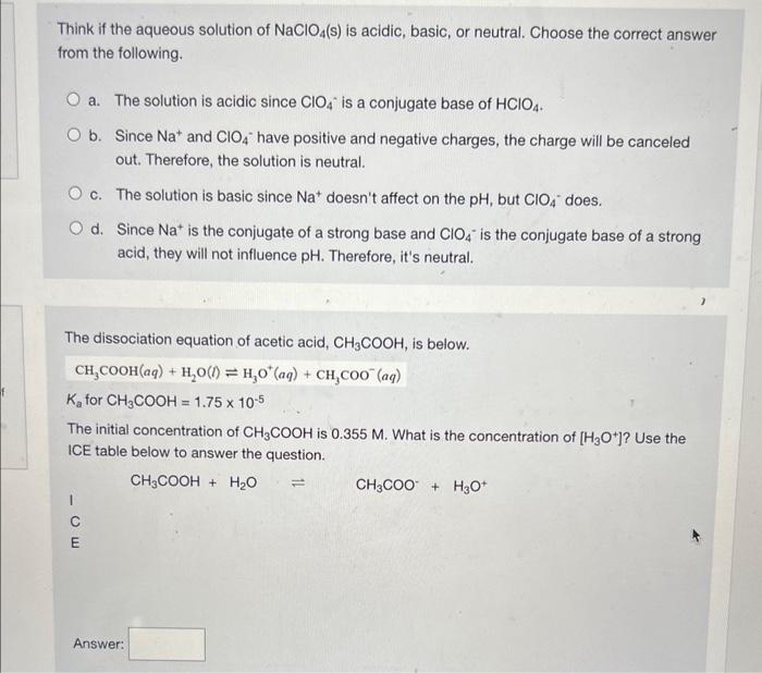 Solved Think if the aqueous solution of NaClO4( s) is | Chegg.com
