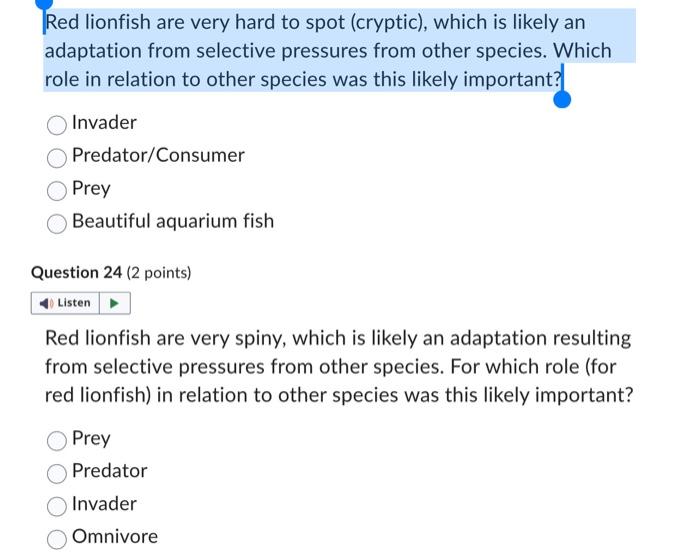 Solved Red lionfish are very hard to spot (cryptic), which | Chegg.com