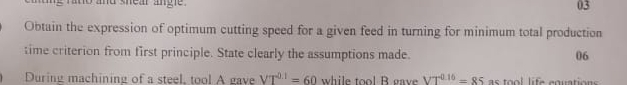 Solved Obtain the expression of optimum cutting speed for a | Chegg.com