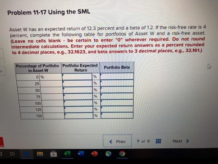 Solved Problem 11 17 Using The Sml Asset W Has An Expected
