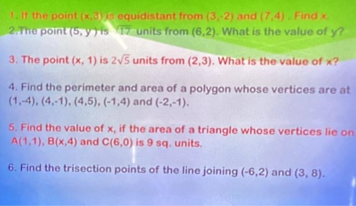 Solved 1. If the point (x,3) is equidistant from (3,−2) and | Chegg.com