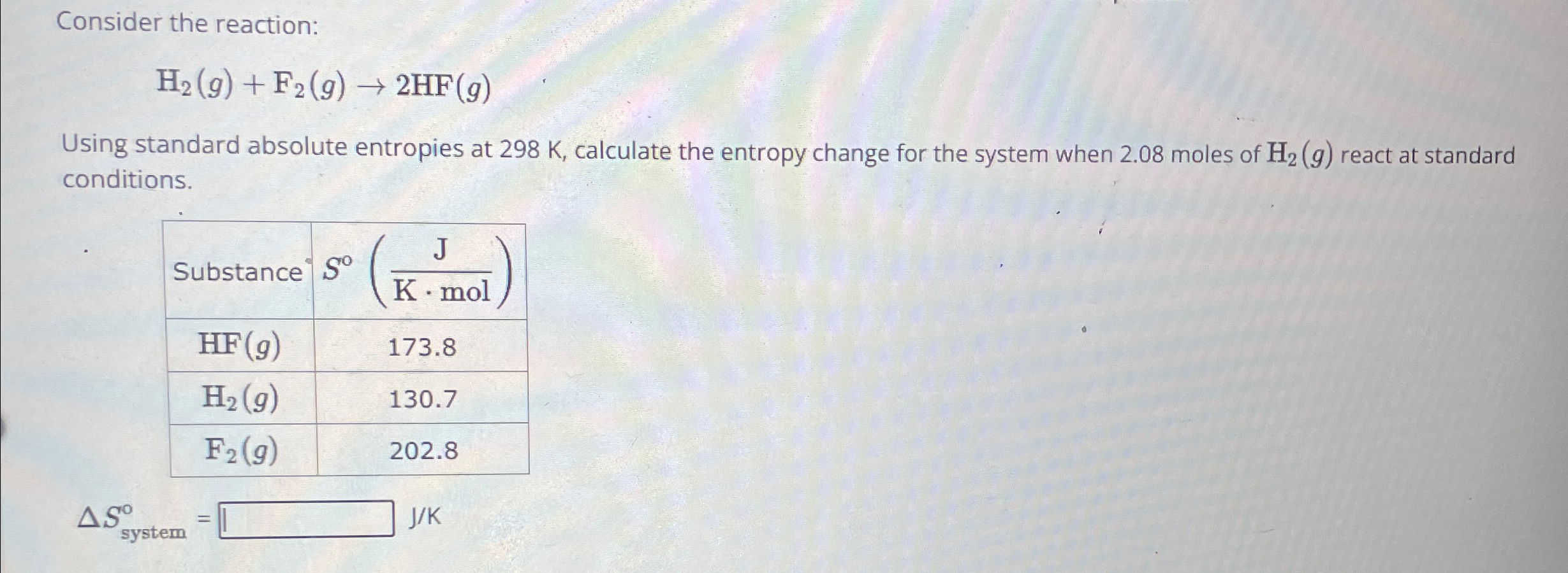 Solved Consider the reaction:H2(g)+F2(g)→2HF(g)Using | Chegg.com