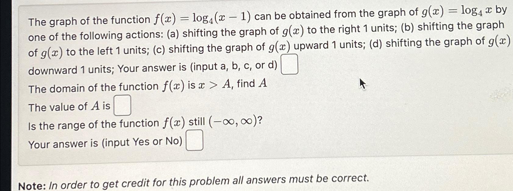 Solved The graph of the function f(x)=log4(x-1) ﻿can be | Chegg.com