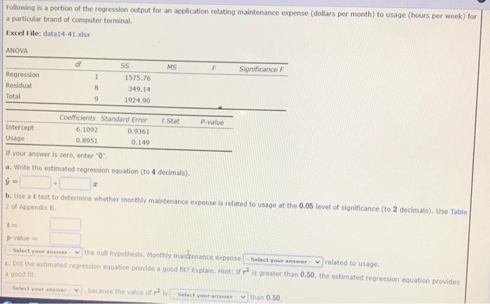 Solved Following is a portion of the regression output for | Chegg.com