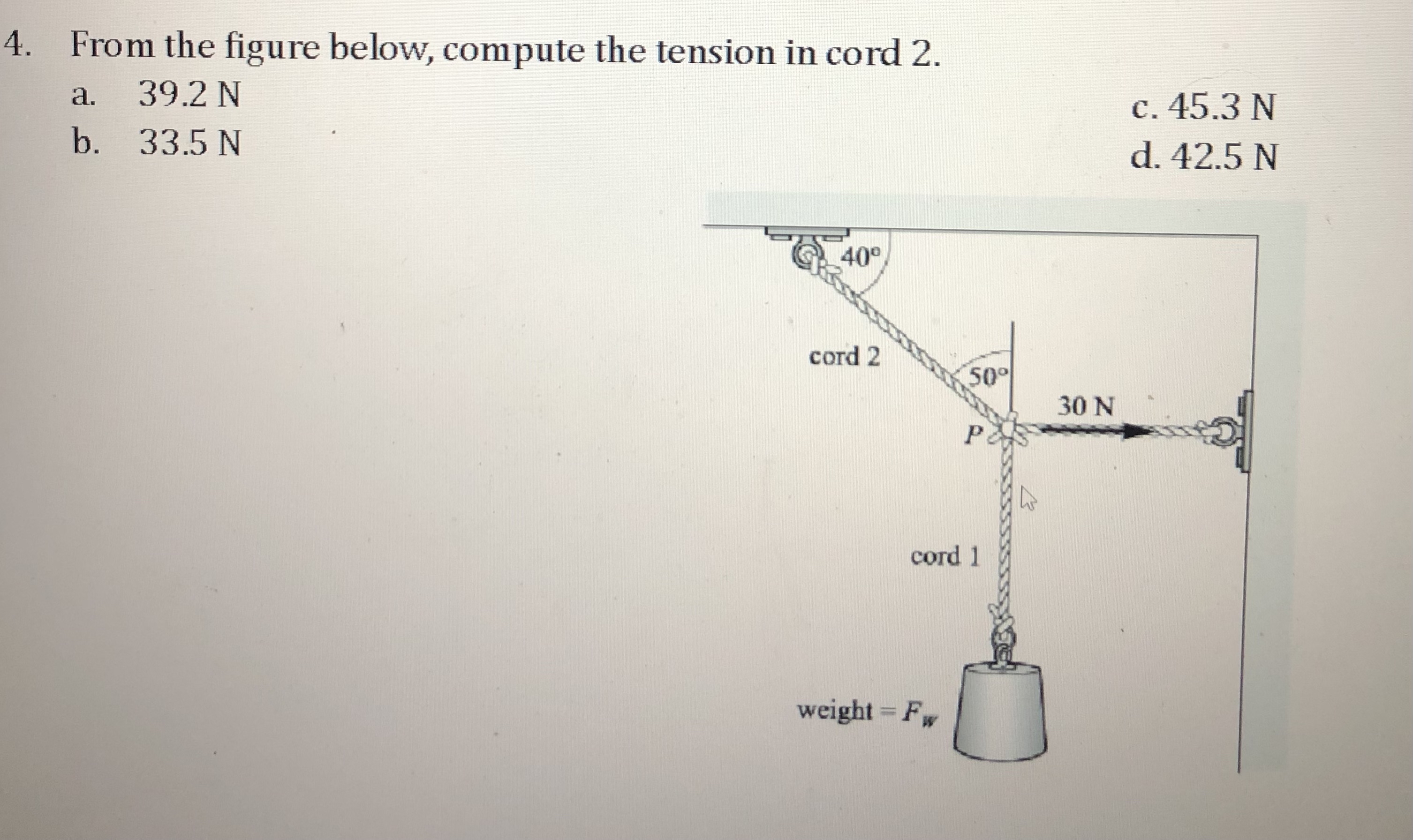Solved From the figure below, compute the tension in cord | Chegg.com
