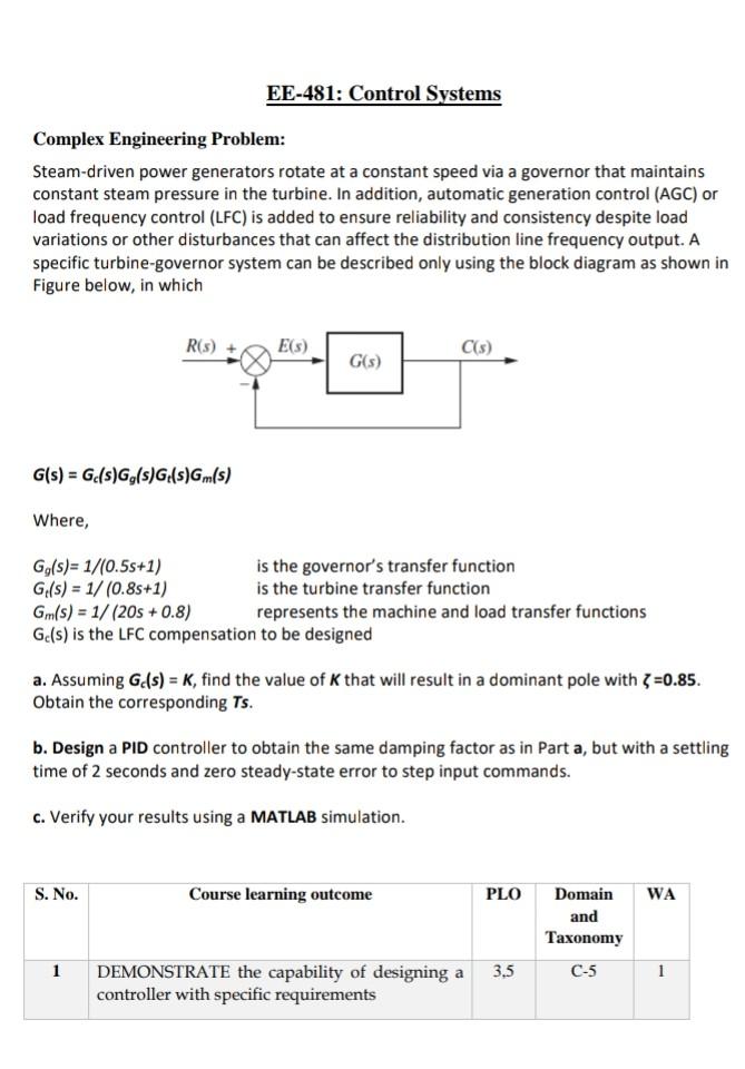 Solved EE-481: Control Systems Complex Engineering Problem: | Chegg.com