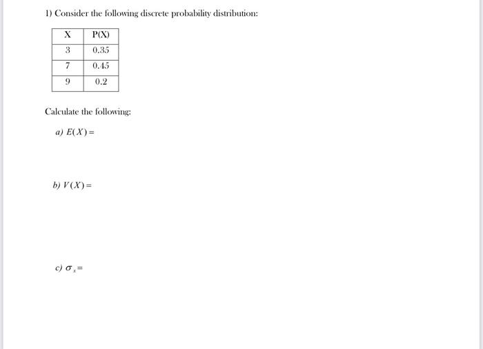 Solved 1) Consider the following discrete probability | Chegg.com