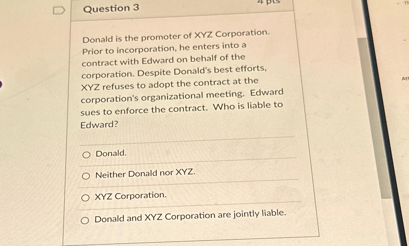 Solved Question 3Donald is the promoter of XYZ Corporation. | Chegg.com