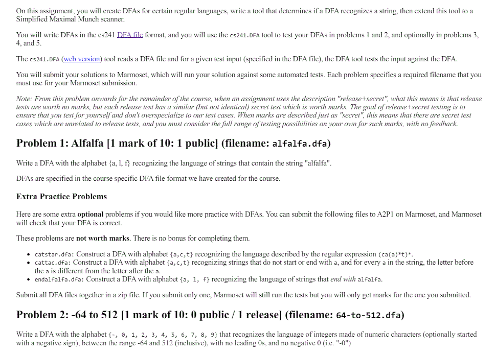 Solved On this assignment, you will create DFAs for certain | Chegg.com