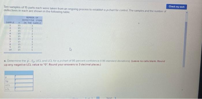 Solved Ten samples of 15 parts each were taken from an | Chegg.com