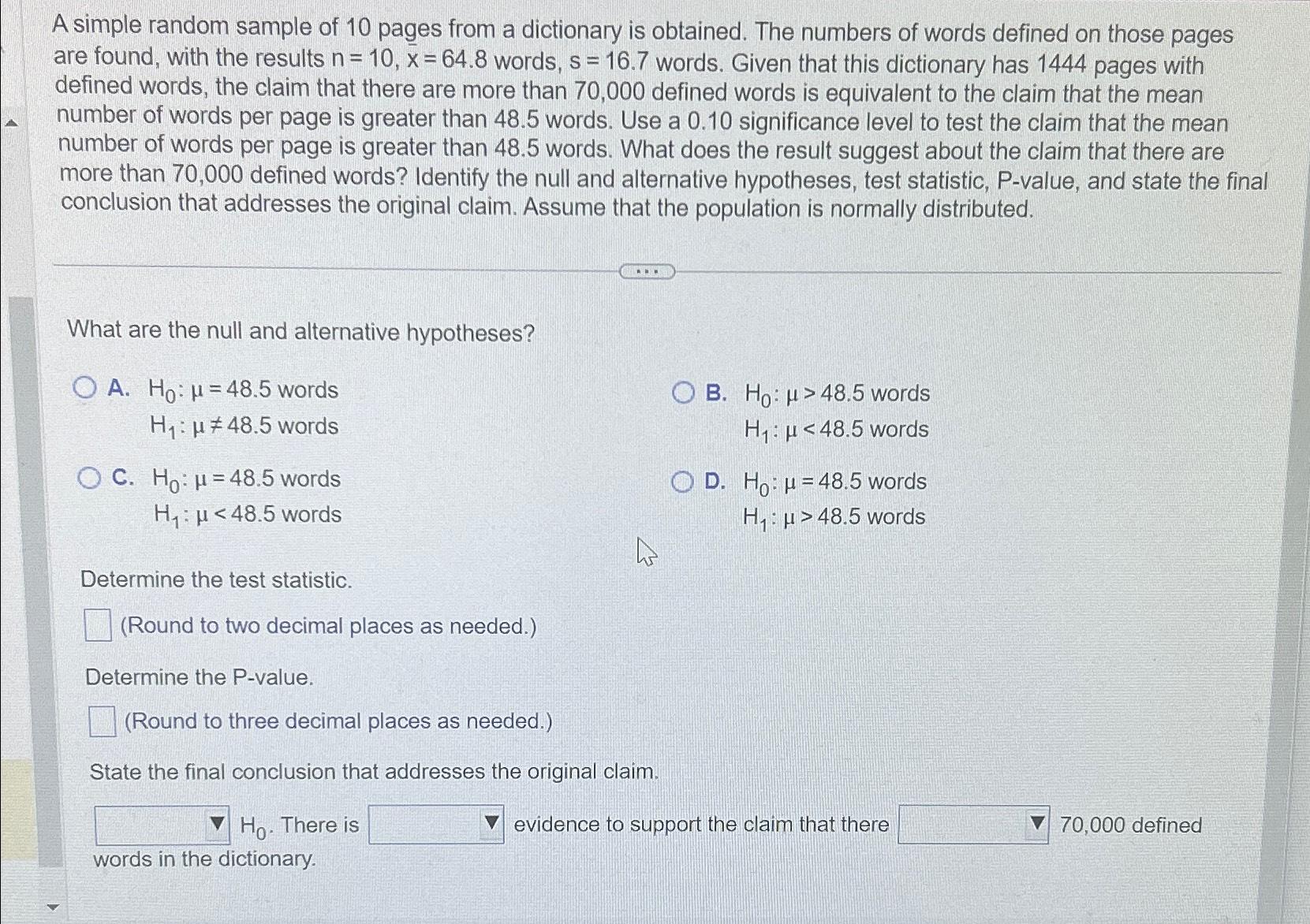 Solved A simple random sample of 10 ﻿pages from a dictionary | Chegg.com
