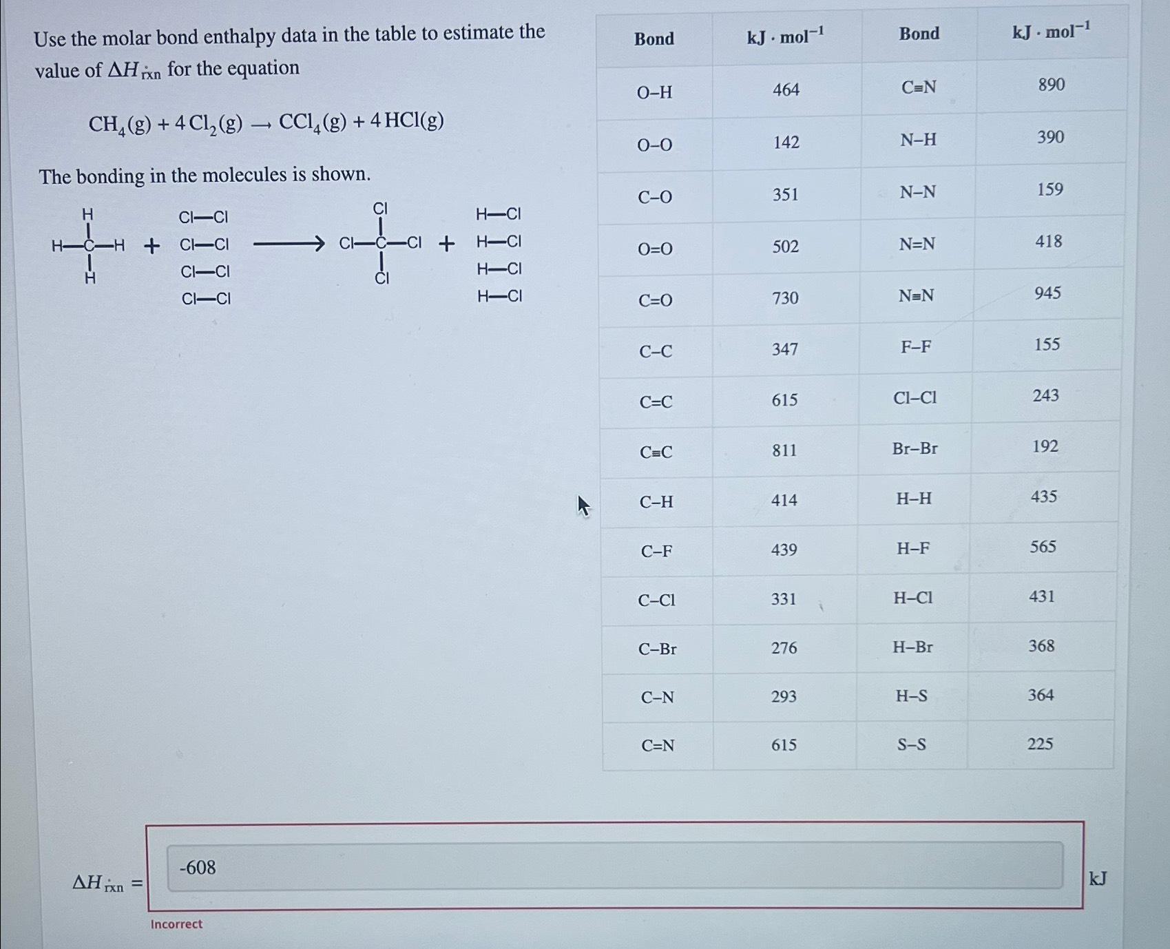Solved Use the molar bond enthalpy data in the table to | Chegg.com