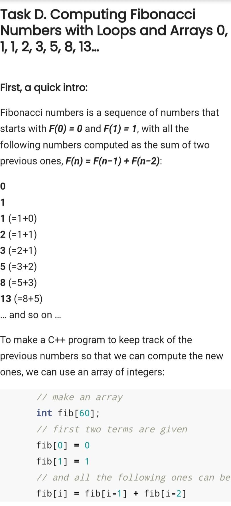 Solved Task D. Computing Fibonacci Numbers with Loops and | Chegg.com