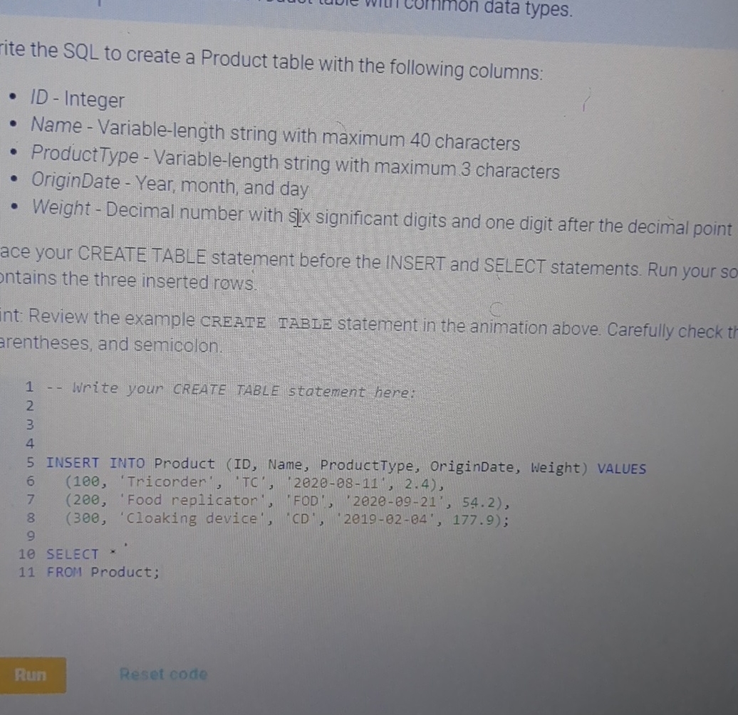 Solved ite the SQL to create a Product table with the | Chegg.com