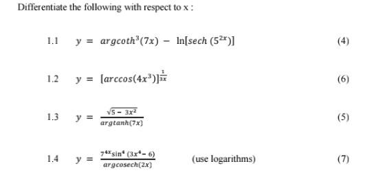 Solved Differentiate the following with respect tox: 1.1 y = | Chegg.com