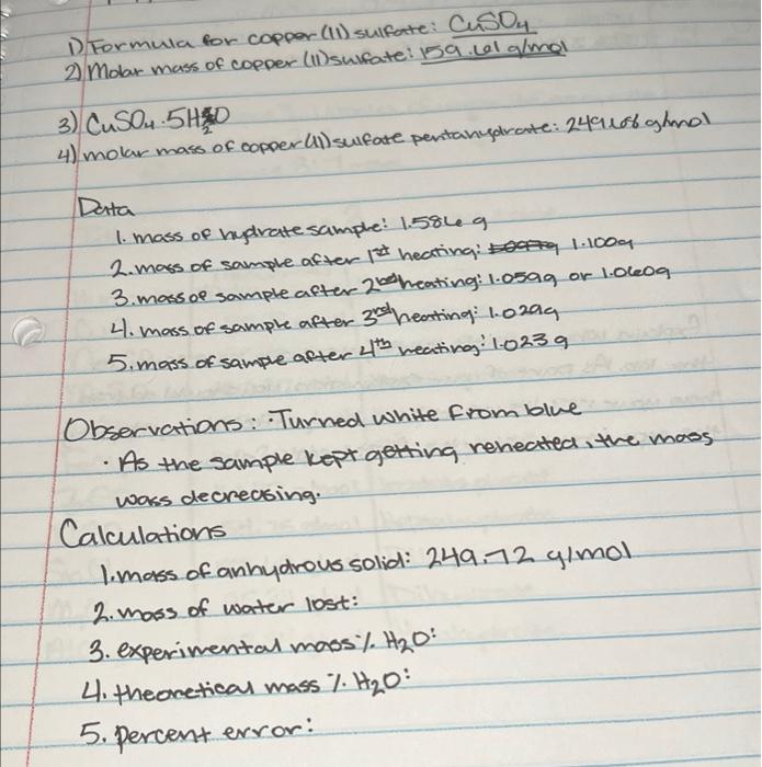 Solved D Formula for copper (ii) suffate: CuSO4 2) Molar | Chegg.com