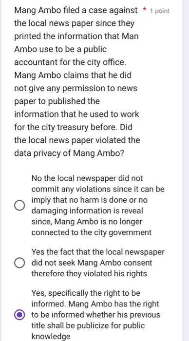 Solved Mang Ambo filed a case against * 1 point the local | Chegg.com
