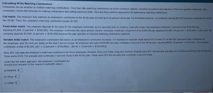 Solved Calculating 401(k) Matching Contributions her 401(k) | Chegg.com