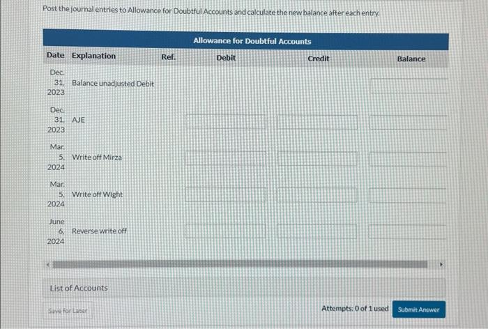 Solved Post the Journal entries to Allowance for Doubtful | Chegg.com