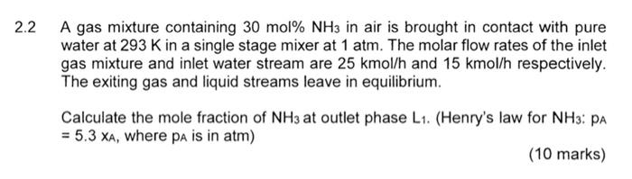 Solved A gas mixture containing 30 mol%NH3 in air is brought | Chegg.com