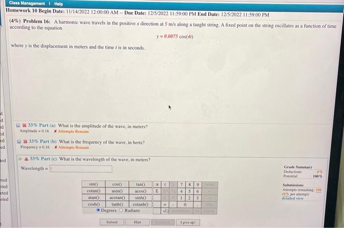 Solved (4\%) Problem 16: A harmonic wave travels in the | Chegg.com