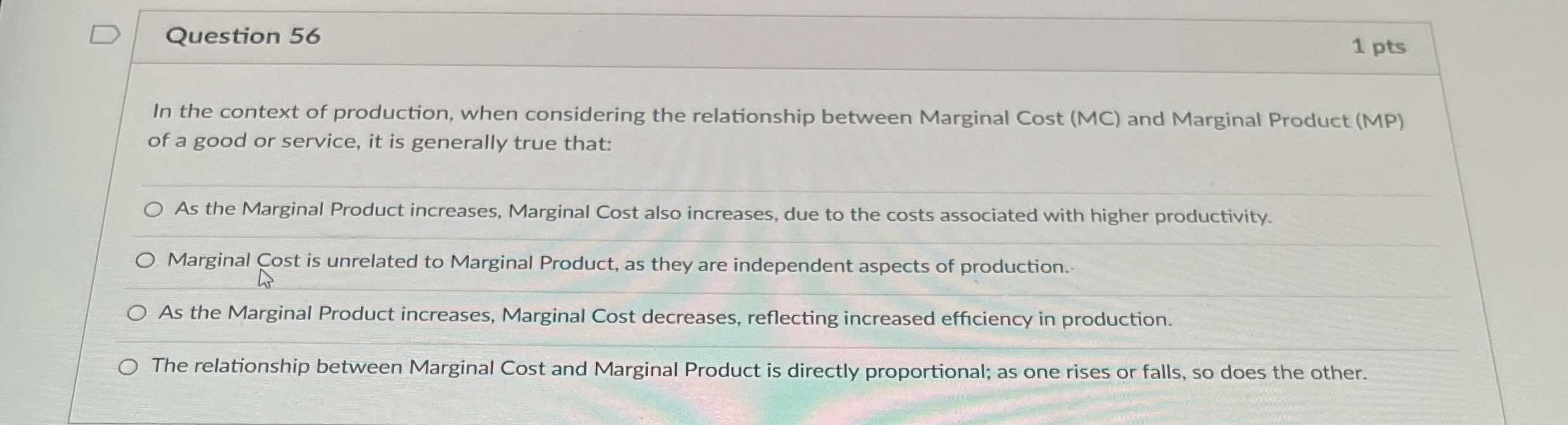 Solved Question 561 ﻿ptsIn the context of production, when | Chegg.com