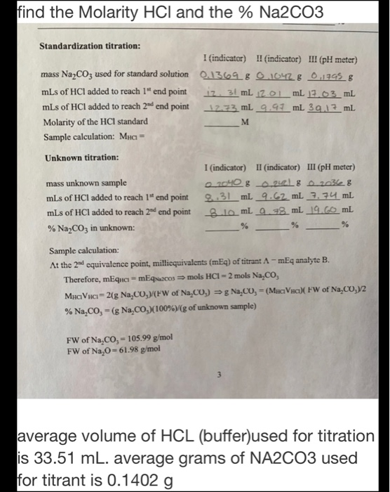 Solved find the Molarity HCl and the % Na2CO3 | Chegg.com
