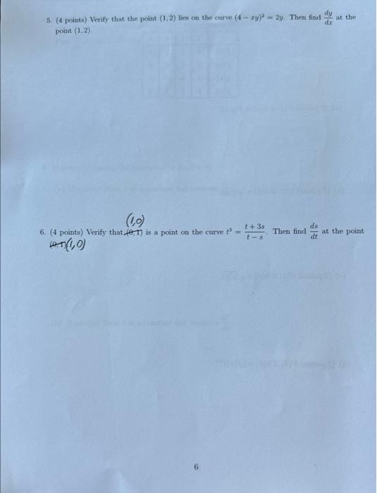 Solved 5. (4 points) Verify that the point (1,2) lies on the | Chegg.com