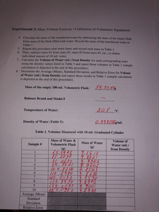 Solved Experiment# 3: Mass-Volume Exercise. Calibration of | Chegg.com