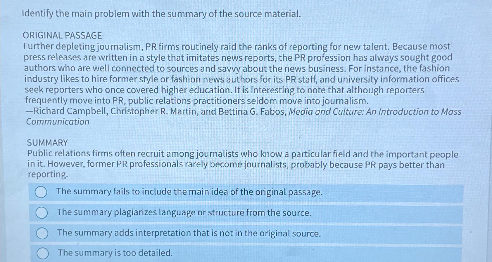 Solved Identify the main problem with the summary of the | Chegg.com