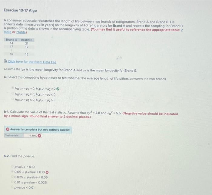 Solved Exercise 10-17 Algo A consumer advocate researches | Chegg.com