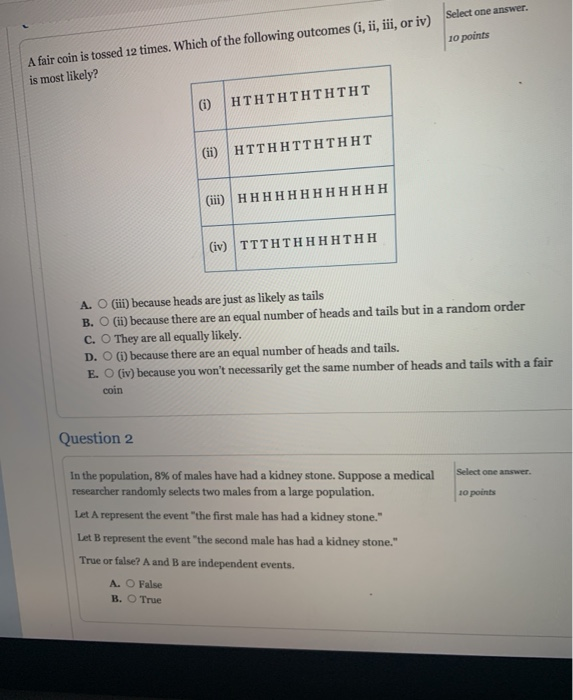 Solved A fair coin is tossed 12 times. Which of the | Chegg.com