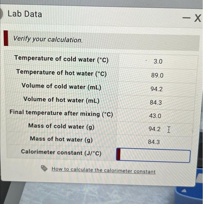 Solved Lab Data Verify your calculation. Temperature of cold | Chegg.com