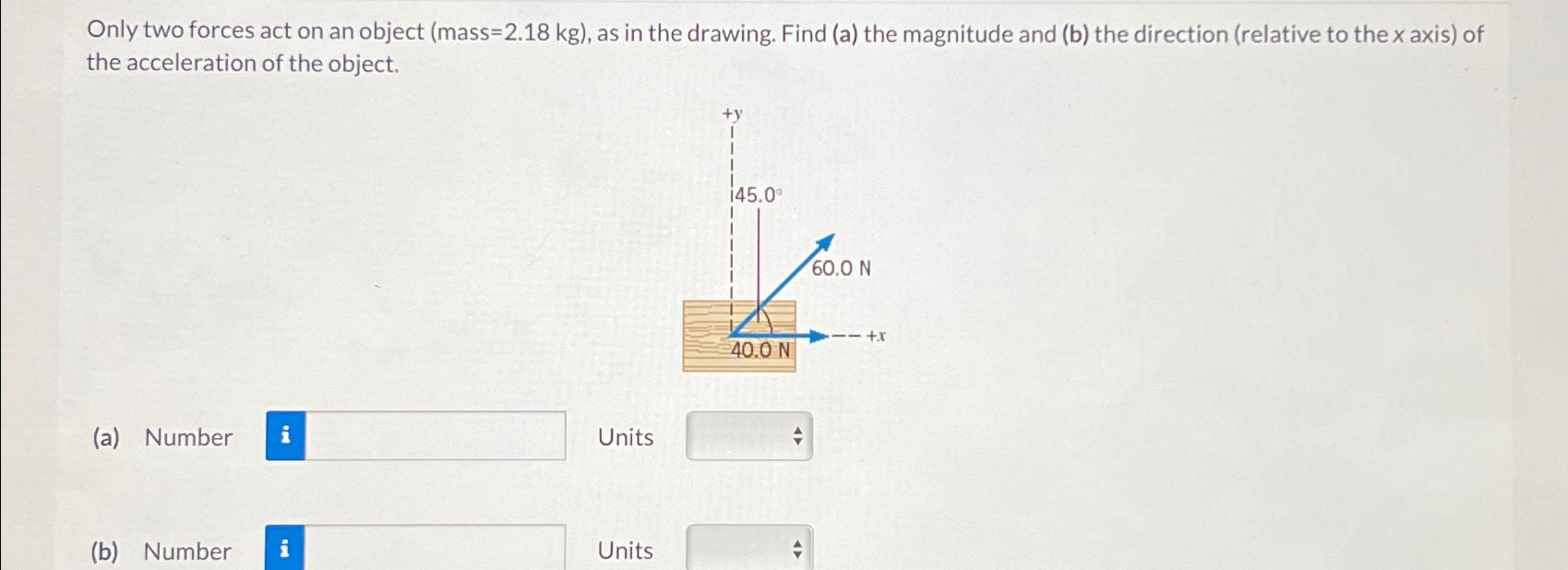 Solved Only two forces act on an object (mass =2.18kg ), ﻿as | Chegg.com