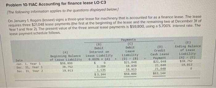 Solved Problem 10-11ac Accounting For Finance Lease Lo C3 