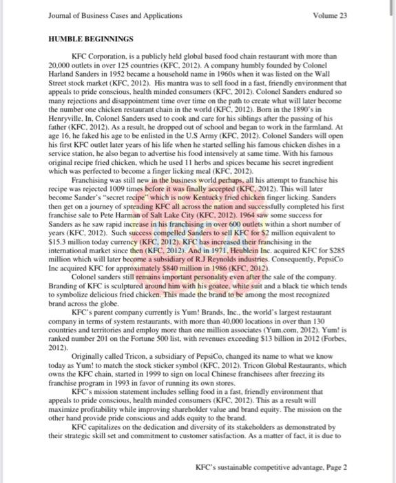 Instructions and Questions to discuss the KFC case | Chegg.com