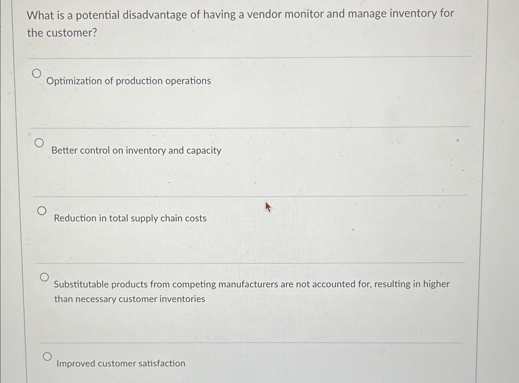 Solved What is a potential disadvantage of having a vendor | Chegg.com