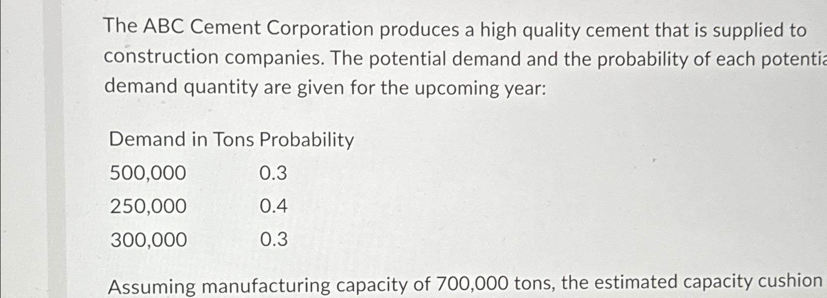 Solved The ABC Cement Corporation produces a high quality | Chegg.com