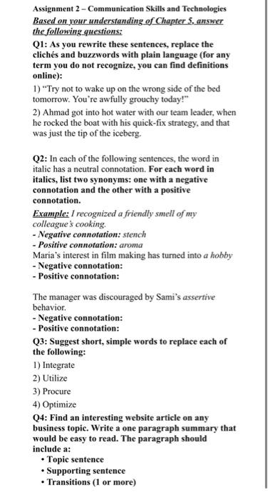 Assignment 2 - Communication Skills and Technologies | Chegg.com