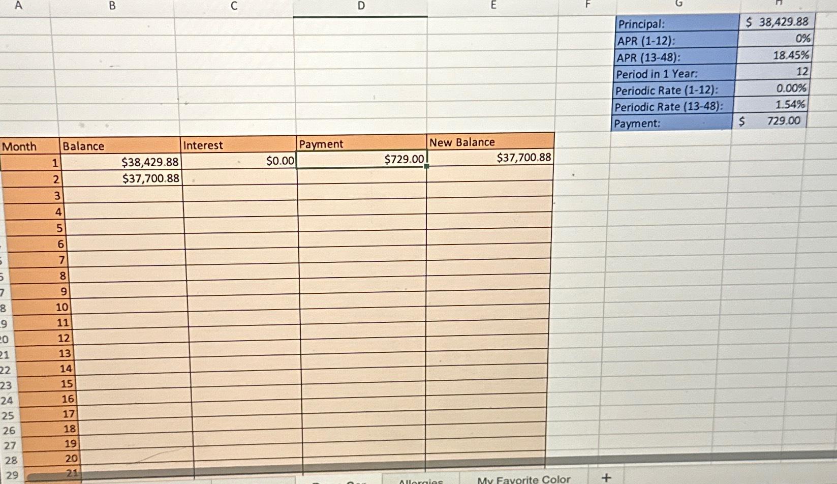 Solved Help with formulas to complete excel! No interest for | Chegg.com