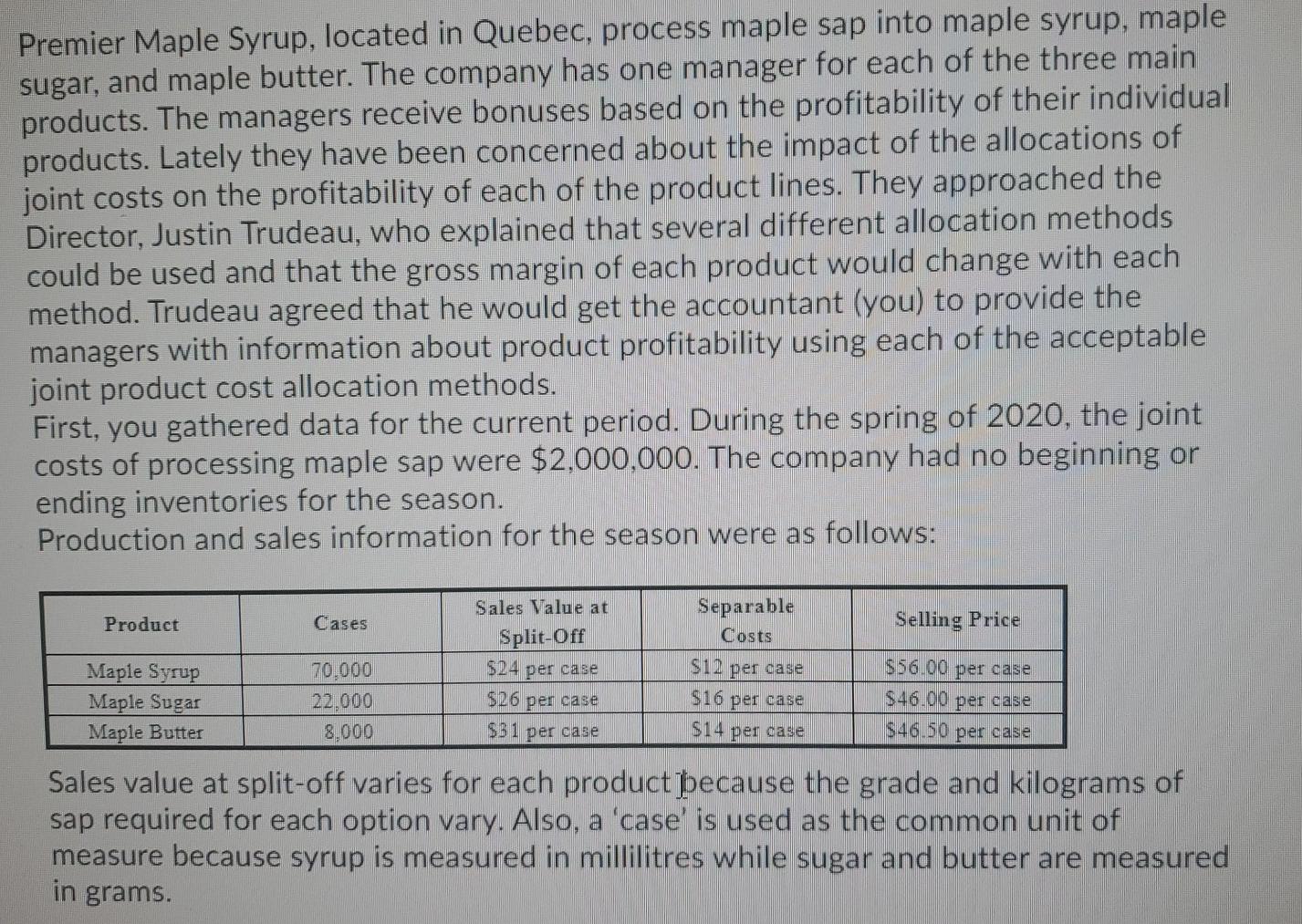 Solved Premier Maple Syrup, located in Quebec, process maple | Chegg.com