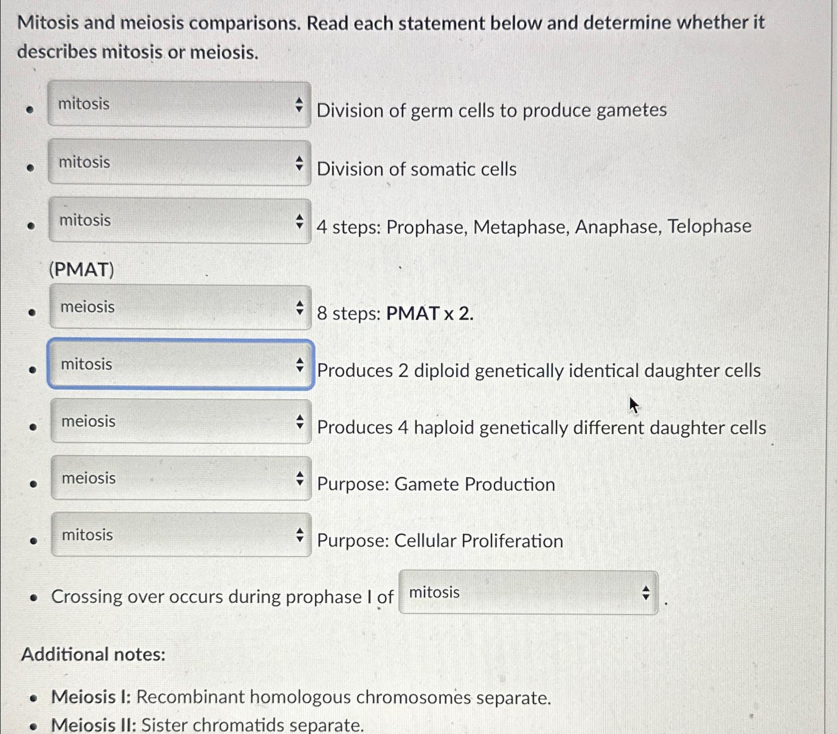 Solved Mitosis and meiosis comparisons. Read each statement | Chegg.com