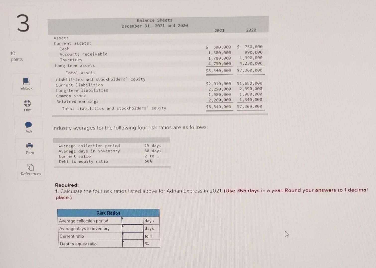 Industry averages for the following four risk ratios | Chegg.com