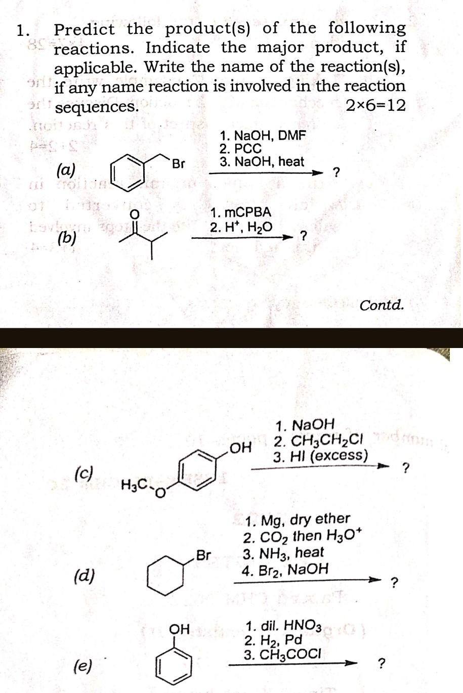 Solved 1. Predict the product(s) of the following reactions. | Chegg.com